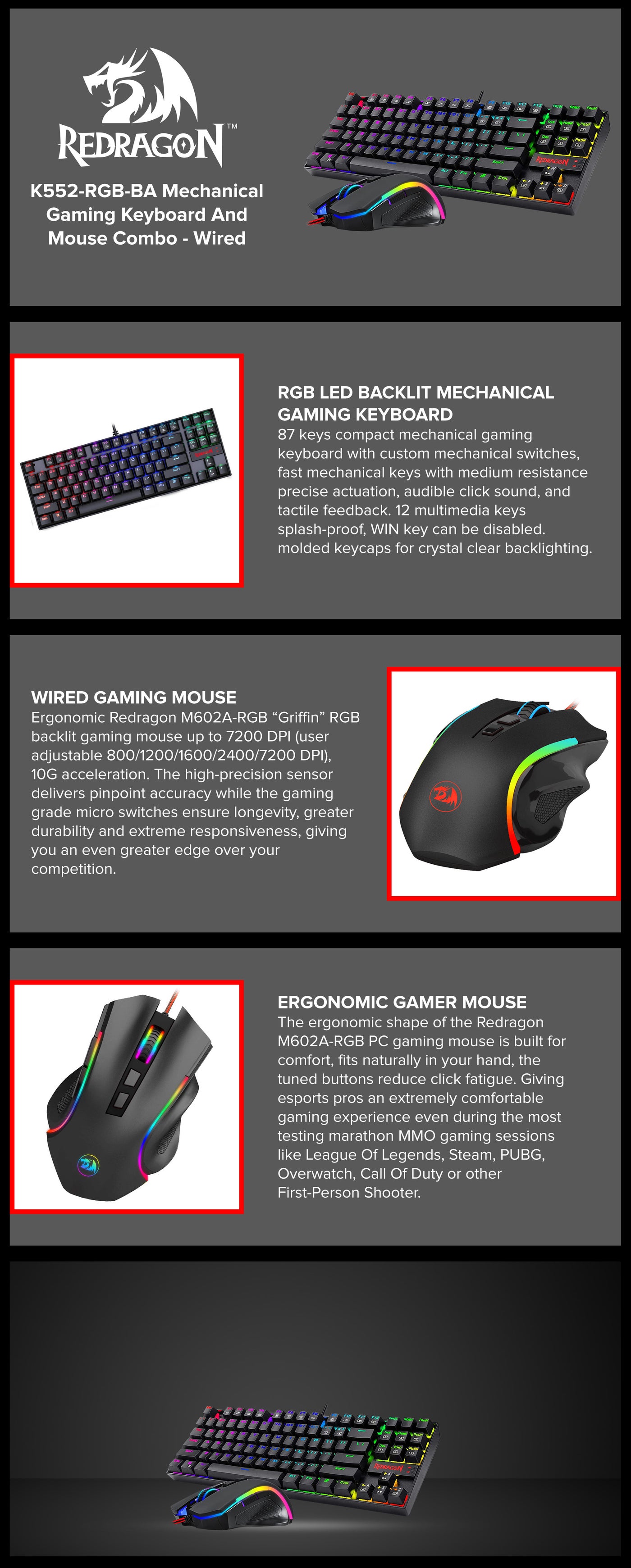 Redragon K552 Tenkeyless Wired Mechanical Gaming Keyboard and Mouse ...