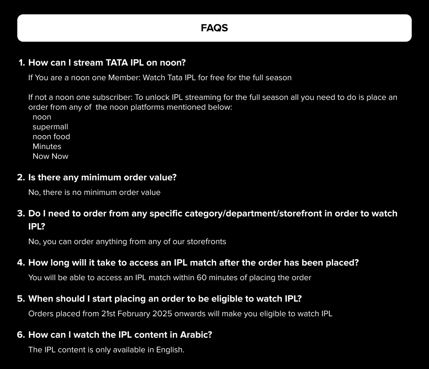 Faq | Stream TATA IPL 2025 exclusively on noon! 🏏