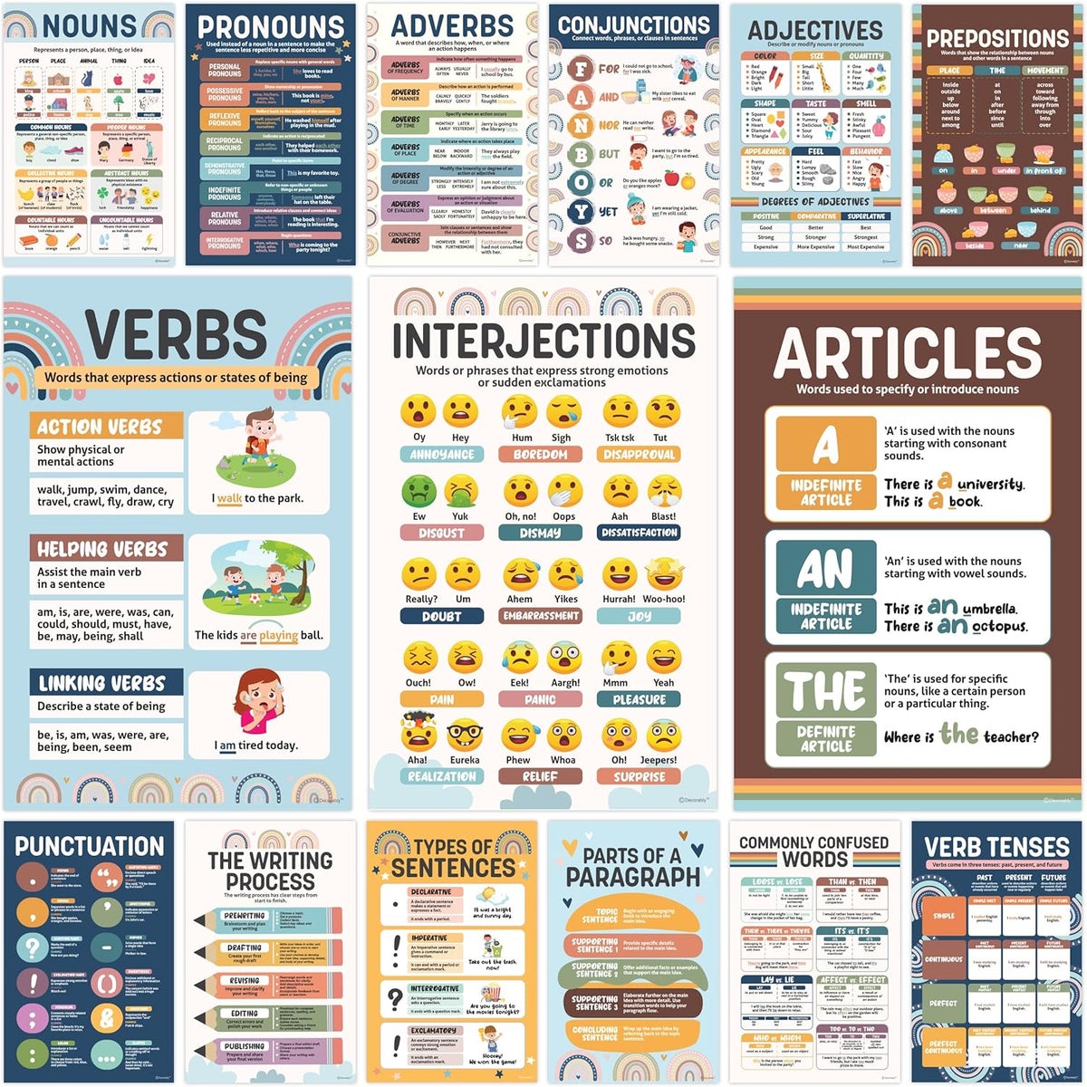 Decorably 15 Boho Rainbow Parts of Speech ELA Classroom Posters ...