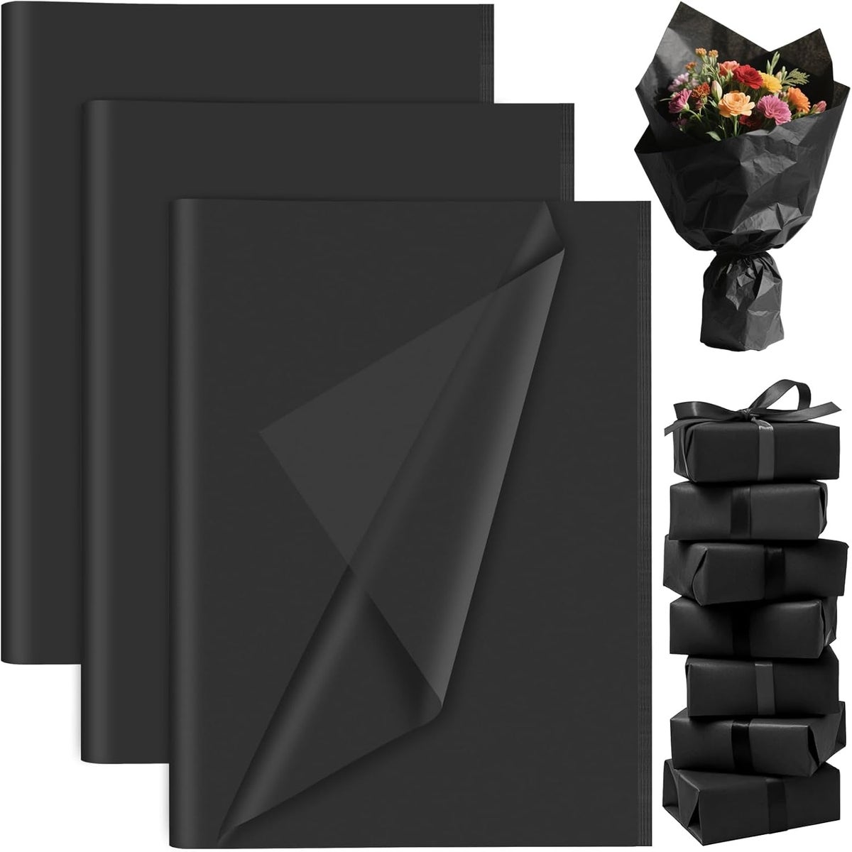PLULON 60 Sheets Black Tissue Paper Bulk, Gift Wrapping Tissue Paper ...