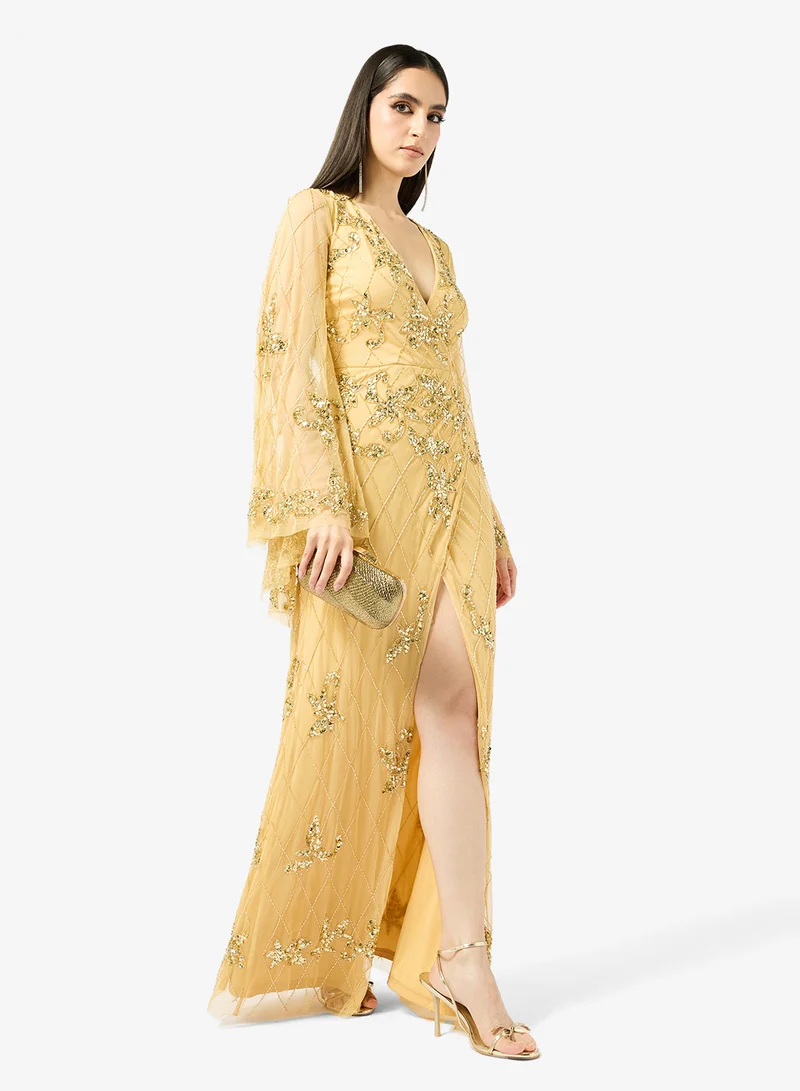 Frock and Frill Embroidered Front Slit Long Sleeve Maxi Dress for Women ...