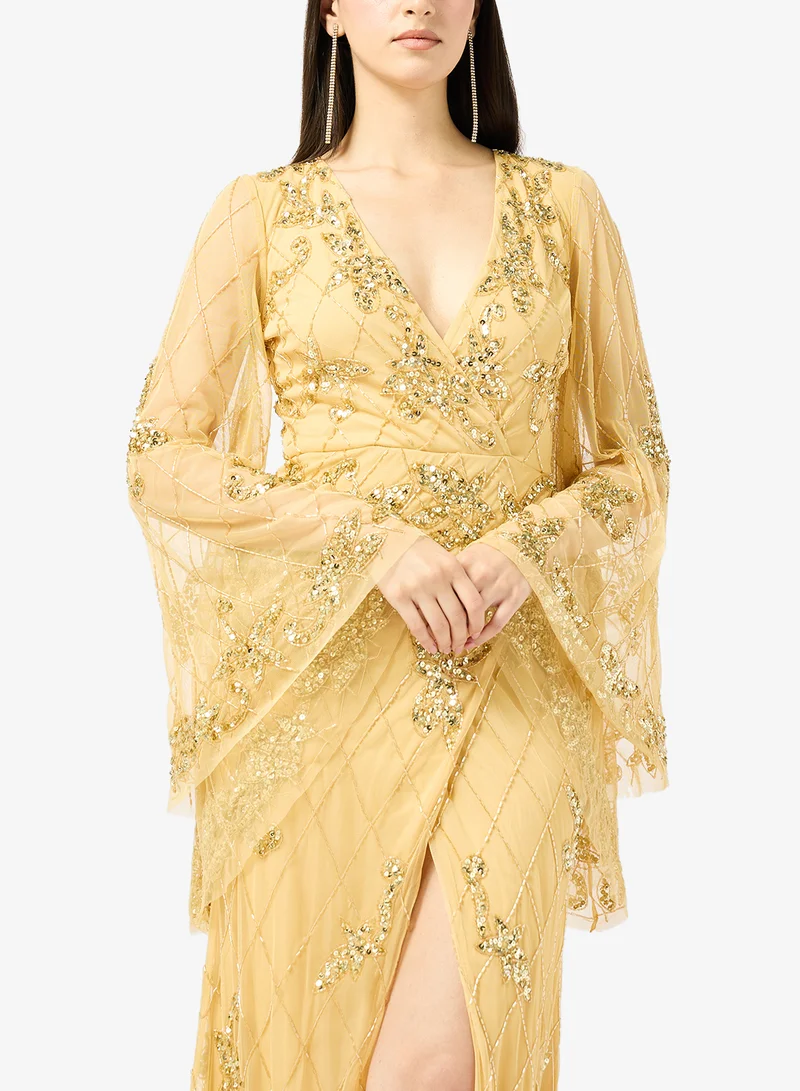 Frock and Frill Embroidered Front Slit Long Sleeve Maxi Dress for Women ...