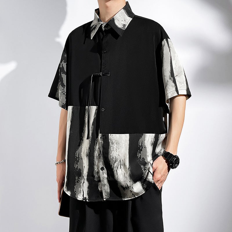 Generic 2025 Chinese Style National Style Ink Pattern Splicing Short ...