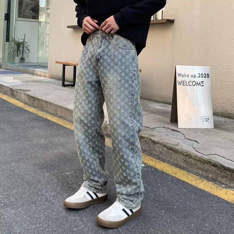 Generic American High Street Jacquard Retro Wide-Leg Jeans For Men ...