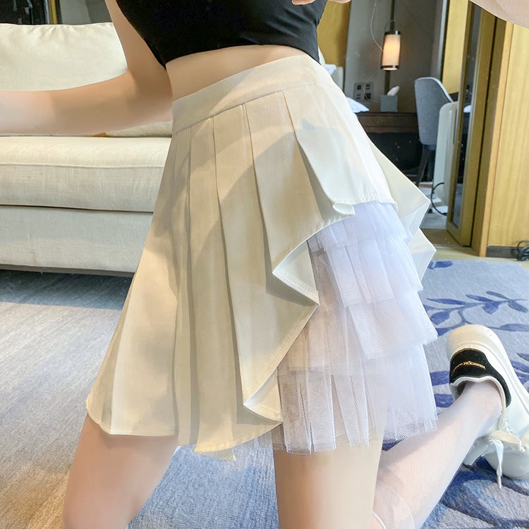 Generic Stitching Mesh A- Line Skirt High Waist Slimming Pleated Skirt ...