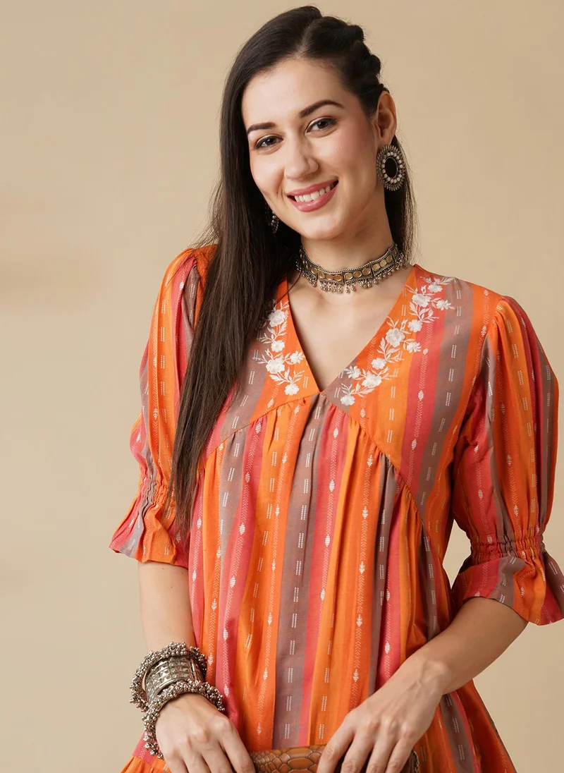 globus Globus Women Floral Embroidered V-Neck Puff Sleeves Knee Length ...