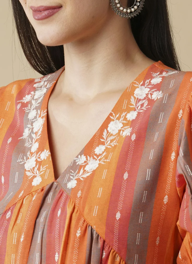 globus Globus Women Floral Embroidered V-Neck Puff Sleeves Knee Length ...