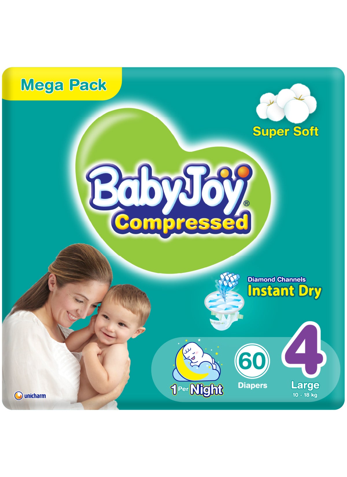 BabyJoy Compressed Diamond Pad Diaper, Size 4, Large, 10-18 Kg, Mega ...