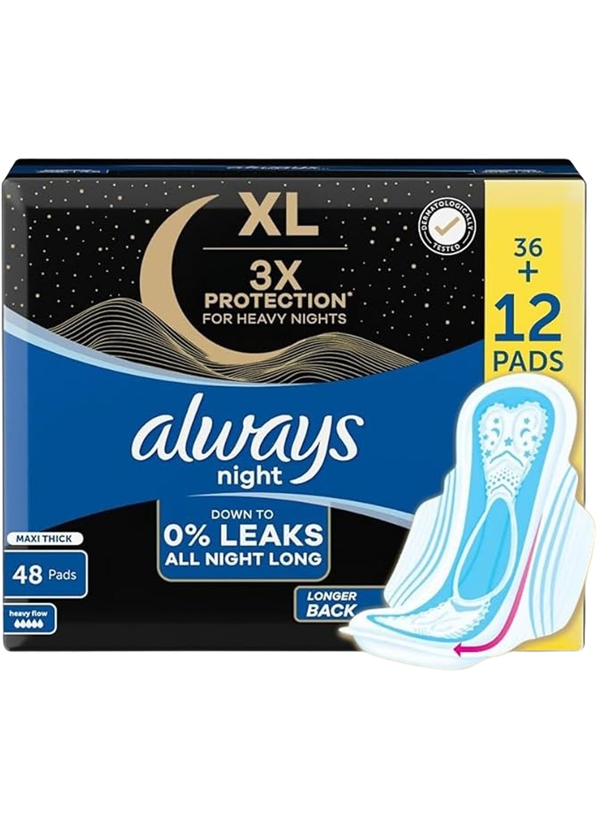 Always XL Night Pads, 3x Protection for Heavy Nights, Maxi Thick, 48 ...