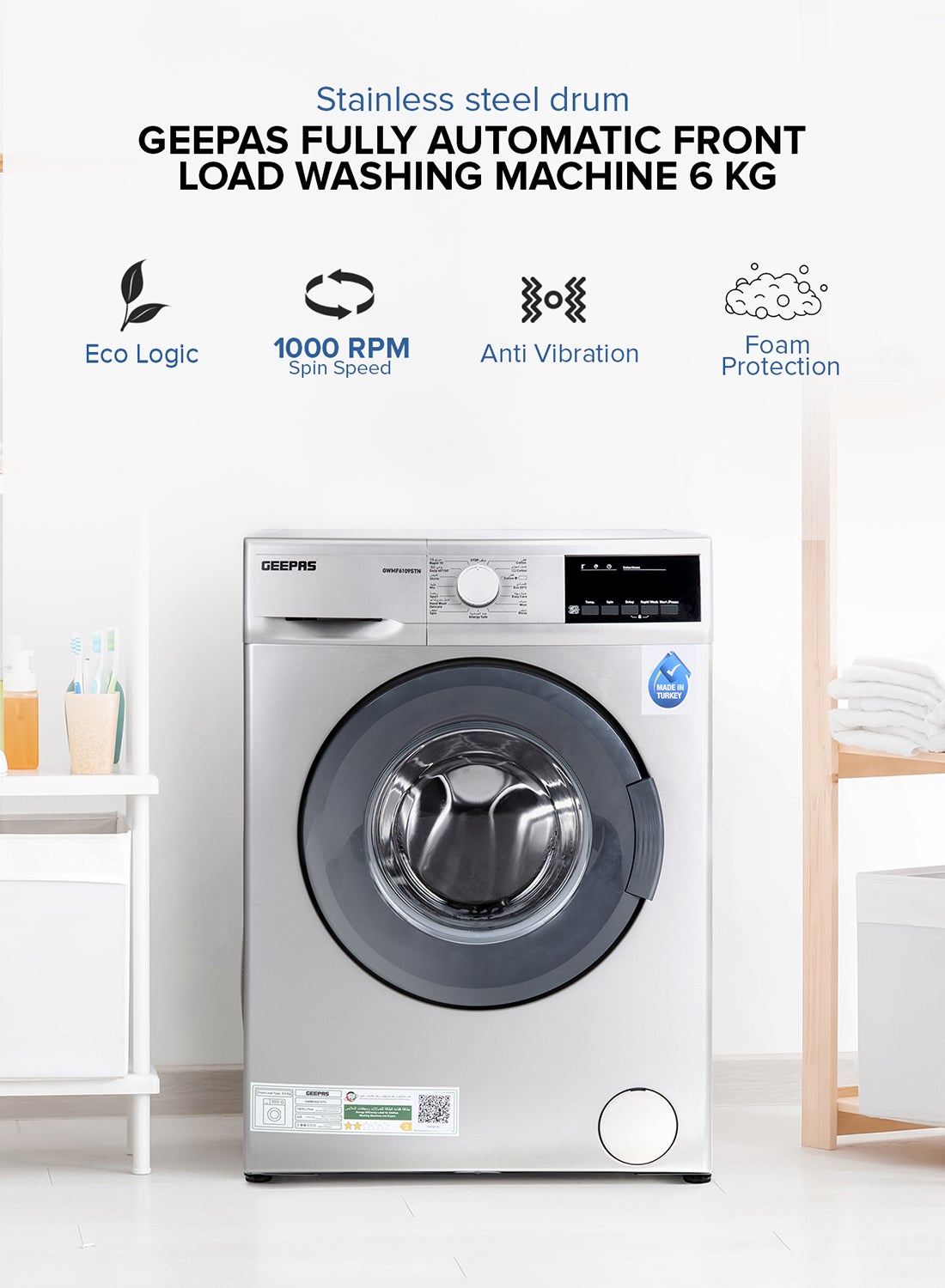 GEEPAS 6 KG Fully Automatic Front Load Washing Machine|Eco-Logic, LED ...