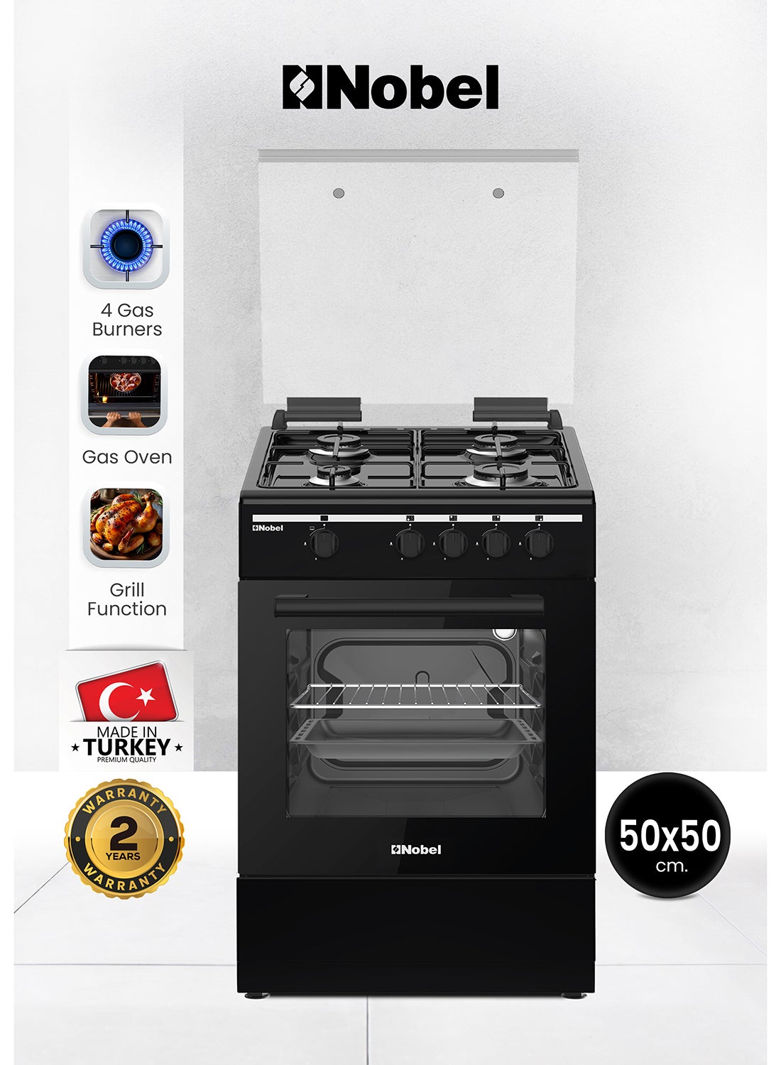 Nobel 50x50 Gas Cooker with 4 Gas Burners, Gas Oven, Flame Failure ...