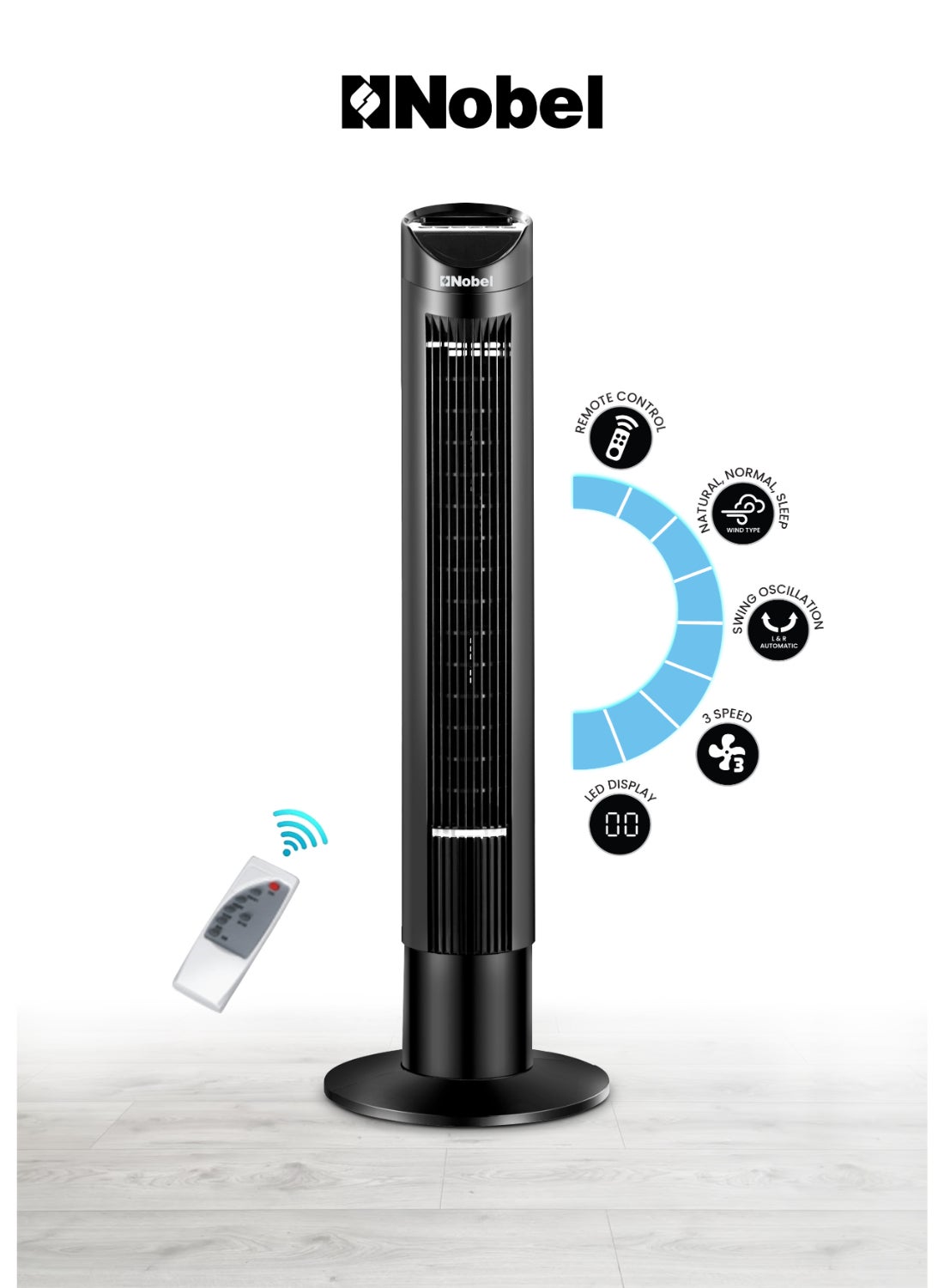 Nobel Tower Fan Suitable for 15~20m2 Spaces, 3 Wind Speeds, 3 Wind ...
