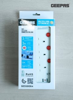 GEEPAS Geepas 3-way Extension Socket with Individual Switches 2 Way USB ...
