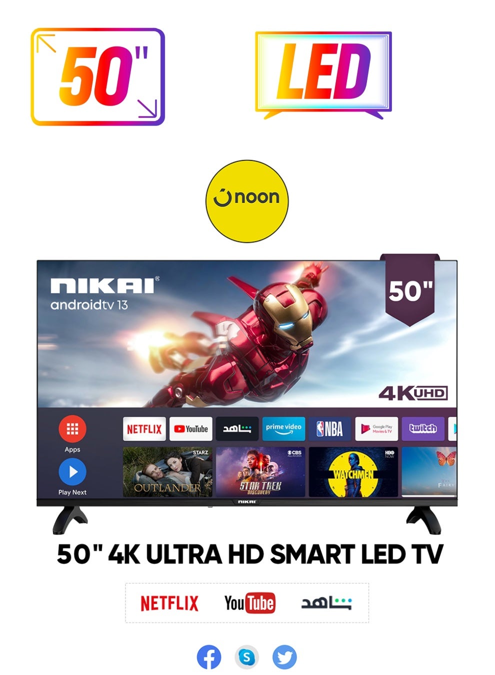 NIKAI 50 Inch 4K UHD Smart LED TV, Ultra Slim Frame, Android OS, Built ...