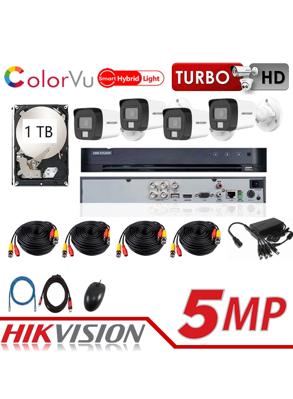 HIKVISION 5MP 4CH Kit 4x Outdoor Full Kit with 1TB HDD With AI ...