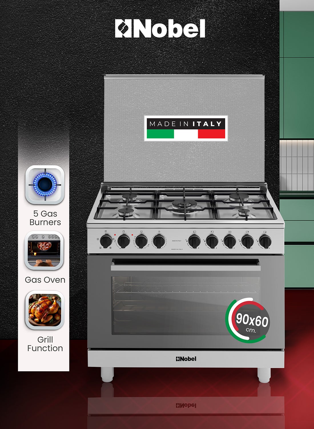Nobel 90 x 60 Gas Cooker with 5 Burners, Grill & Self-Cleaning Function ...