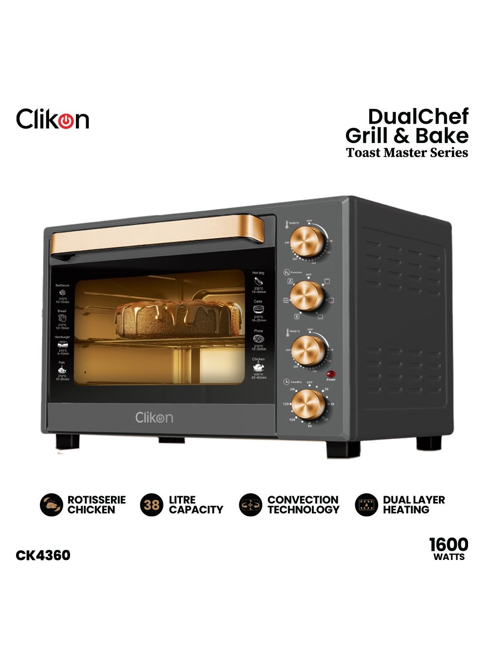 Clikon Dual Chef Grill&Bake 38L Electric Convection Oven with ...