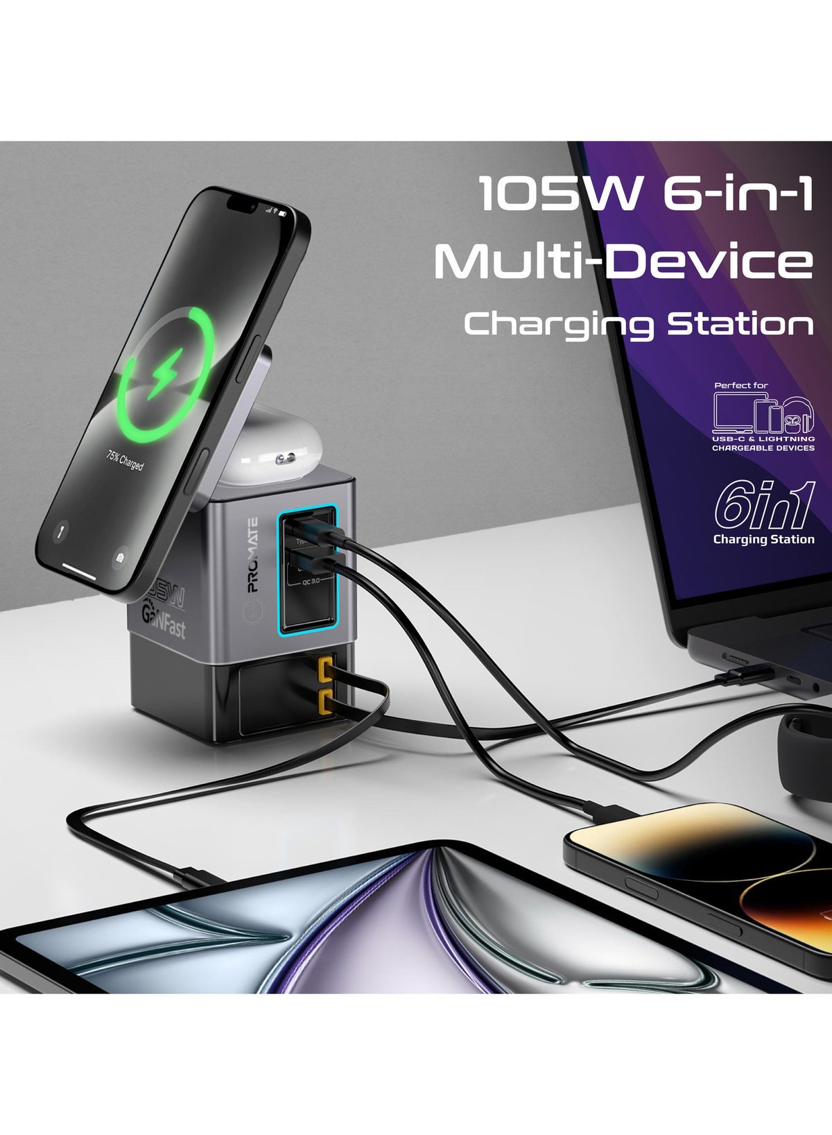 PROMATE 6-in-1 GaNFast™ Charging Station With 105W Total Output, 15W ...