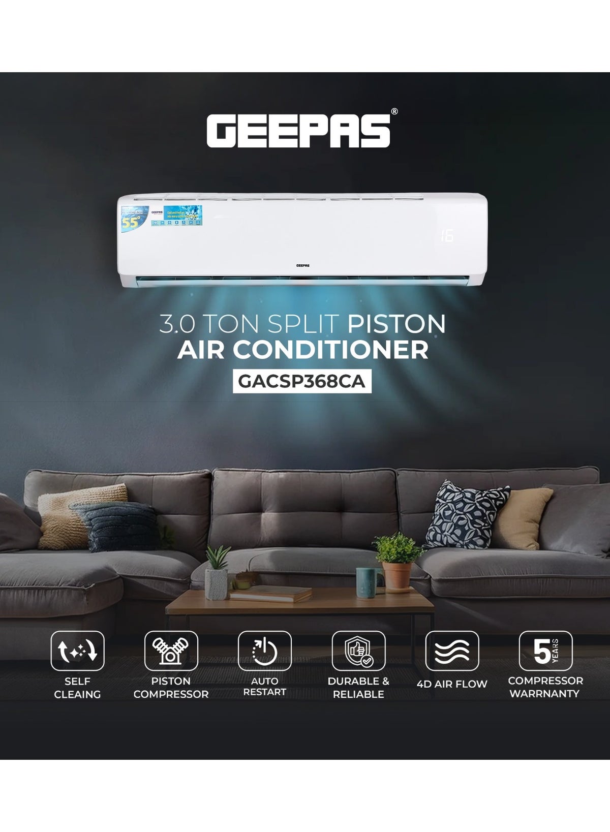 GEEPAS 3.0 TON Split Air Conditioner | 33000 BTU with LED Display, 4D ...