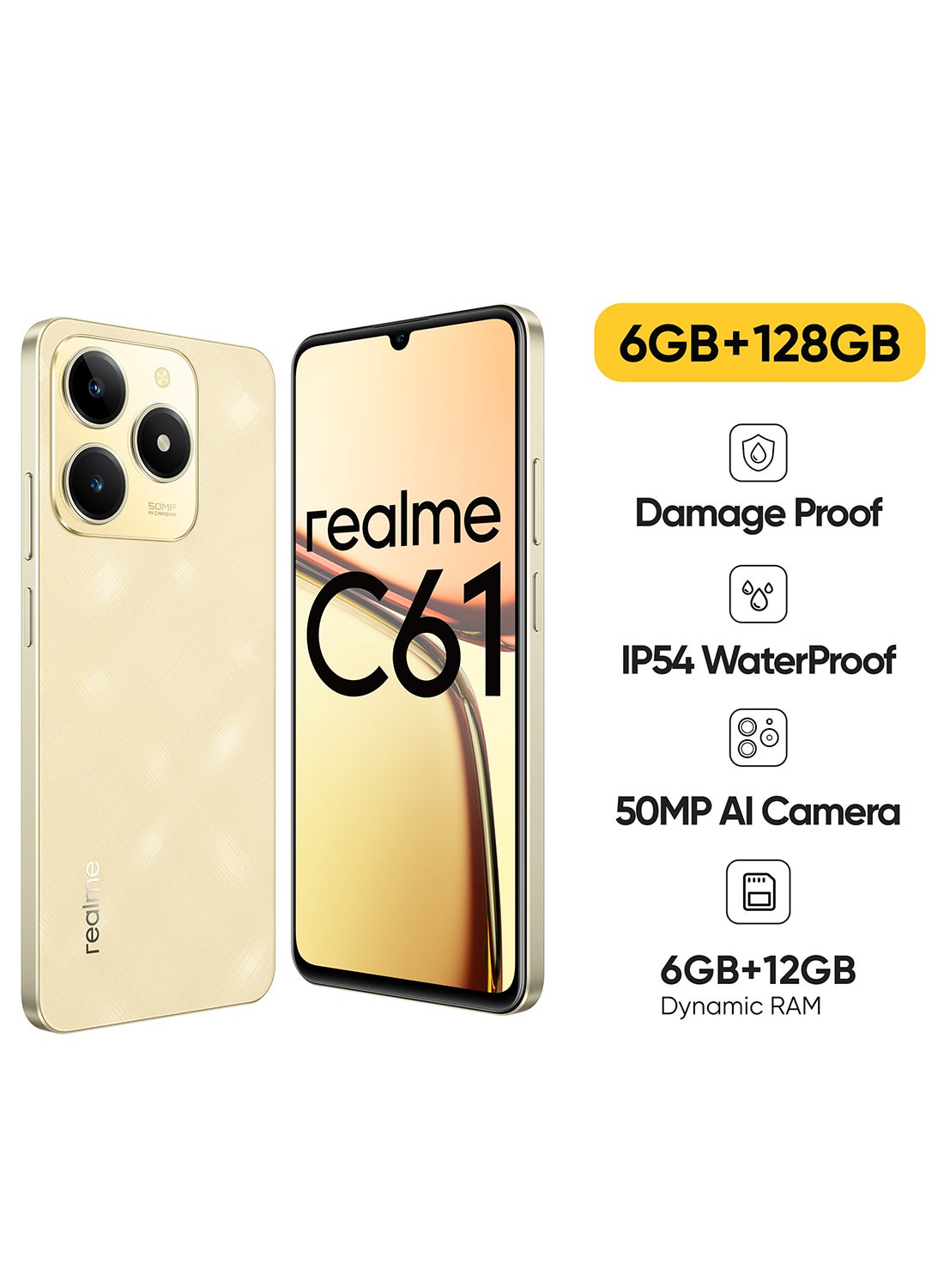 realme C61 Dual SIM Sparkle Gold 6GB RAM 128GB 4G - International Version | Best Price UAE ...