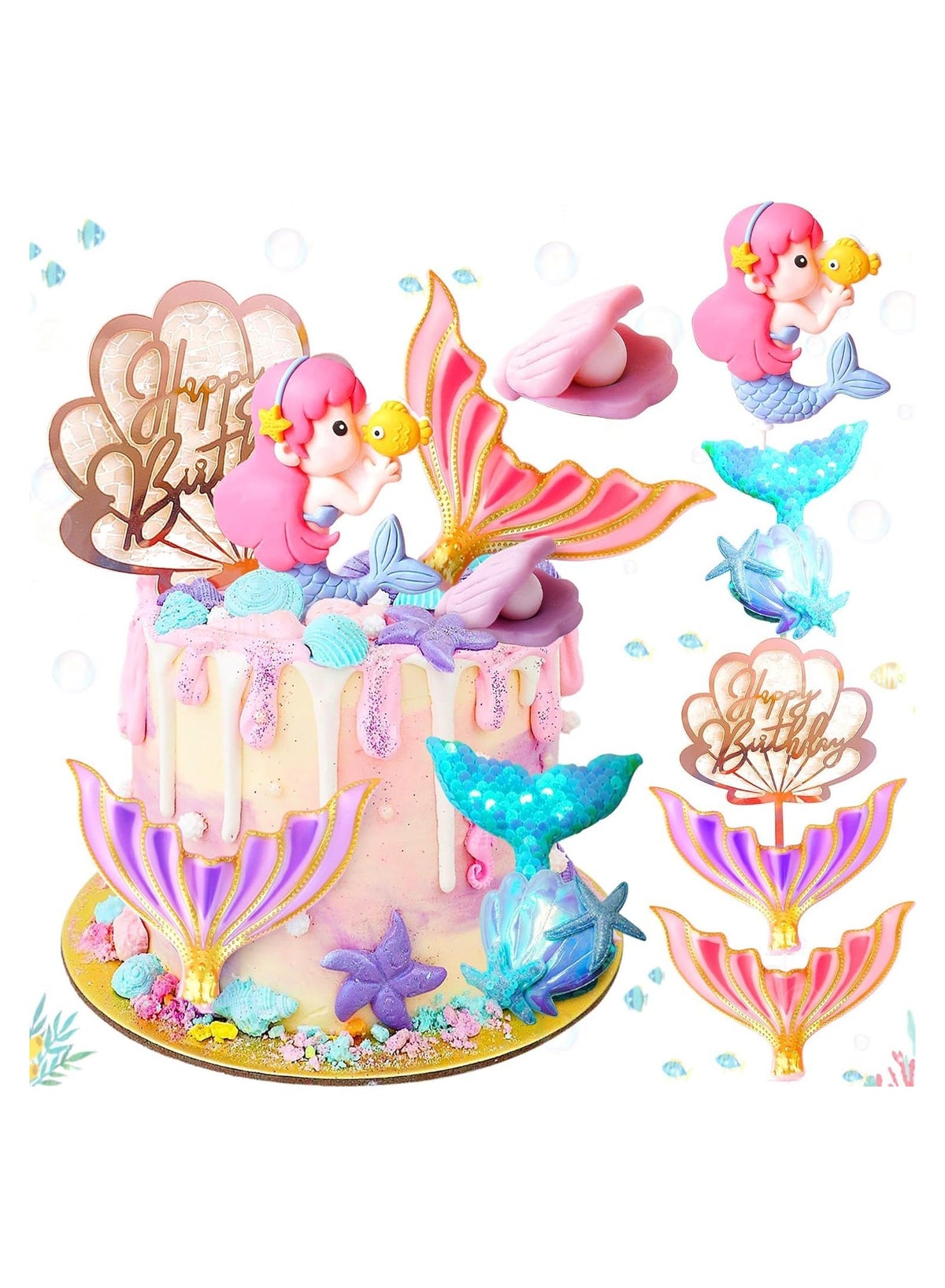 Generic 6 Pcs Mermaid Cake Topper Set - Under the Sea Decorations with ...