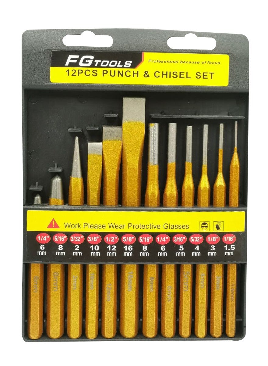 FG FG Tools 12 PCS Punch & Chisel Set – Heavy Duty Metalworking Tool ...