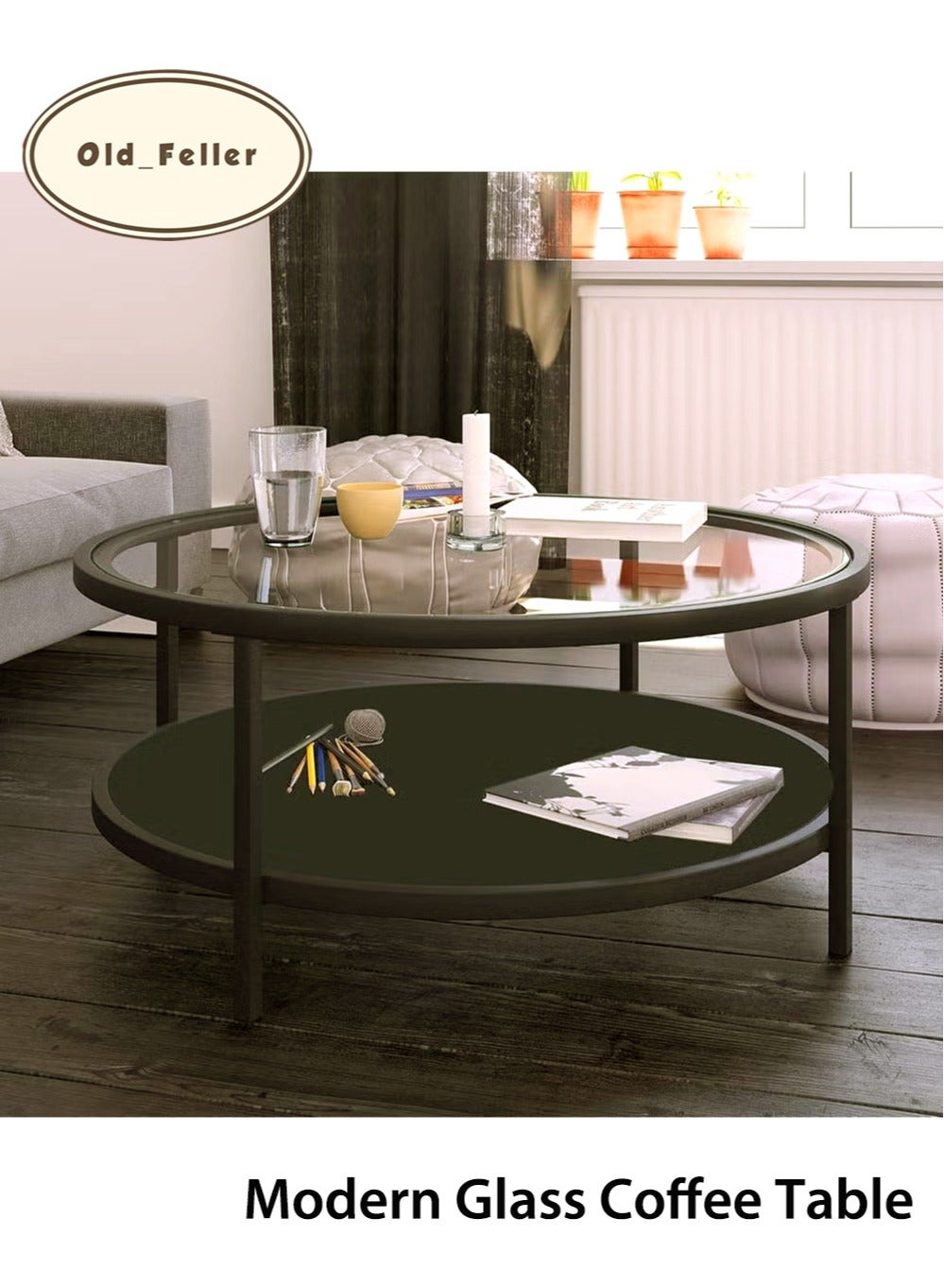Old_Feller Modern Glass Coffee Table 2 Layers Round Side Table Glass ...