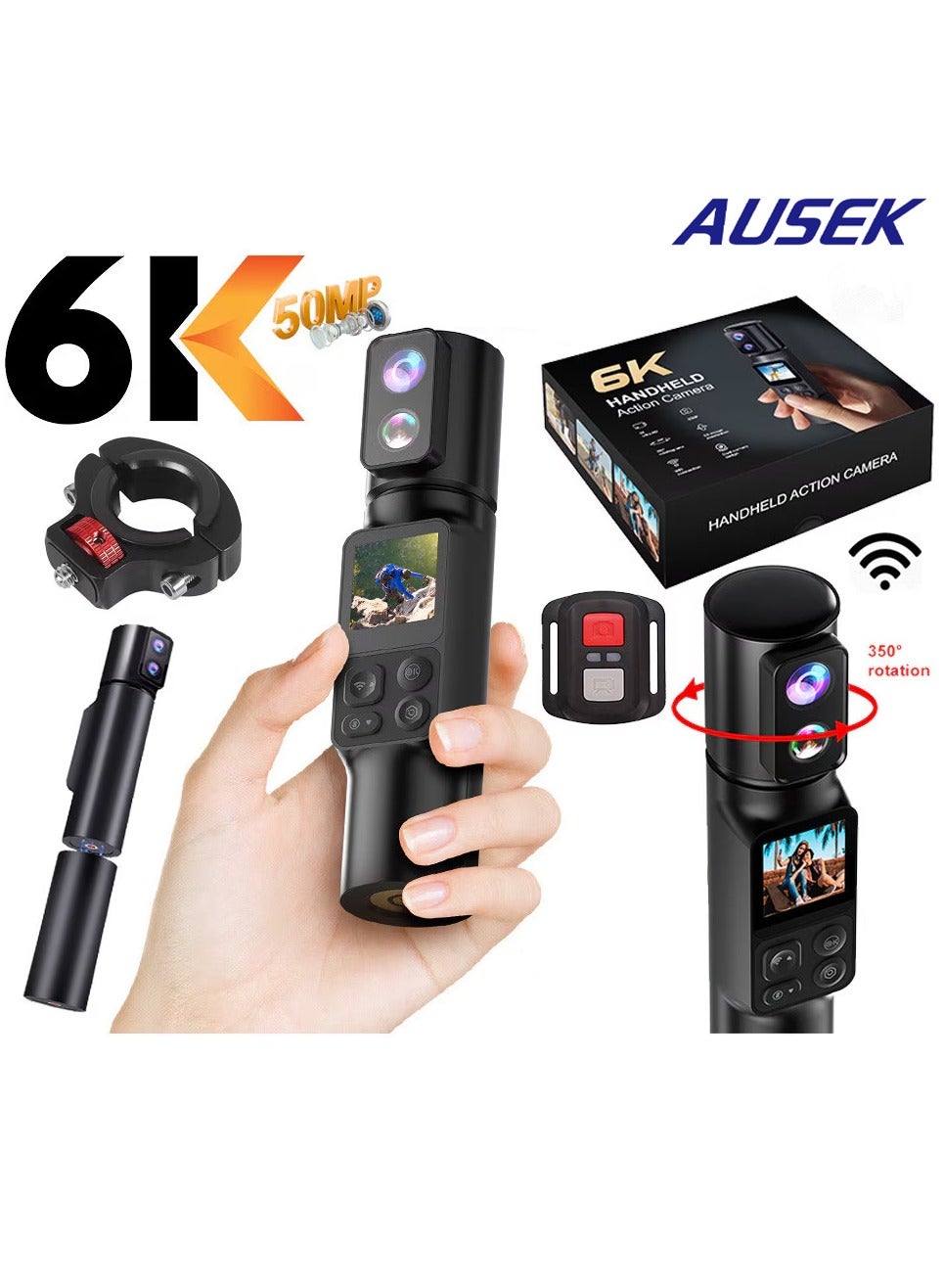 AUSEK 6K Action Camera, WIFI Dual Lens Pocket Camera, 350° Rotating Lens, 50MP Vlogging Camera ...