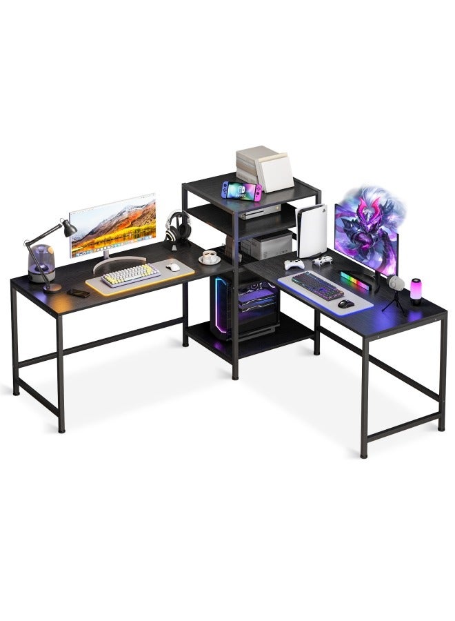 ADEBOLA Gaming Table with Bookshelf,L-shaped Corner Desk Bring 4 ...
