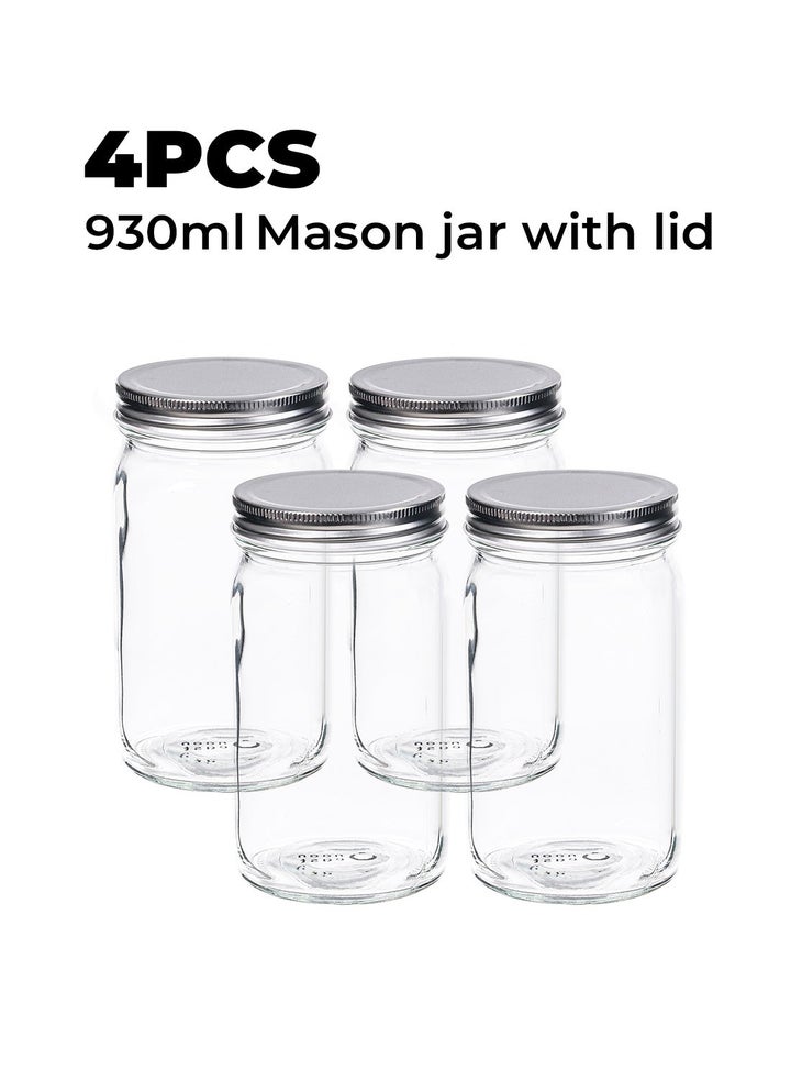 Buy noon Pack of 4 Mason Jars with Lids. 930ml Capacity, Perfect for ...