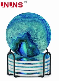 UNUNS Drink Coasters With Holder,6-Piece Marble Ocean Coasters For ...