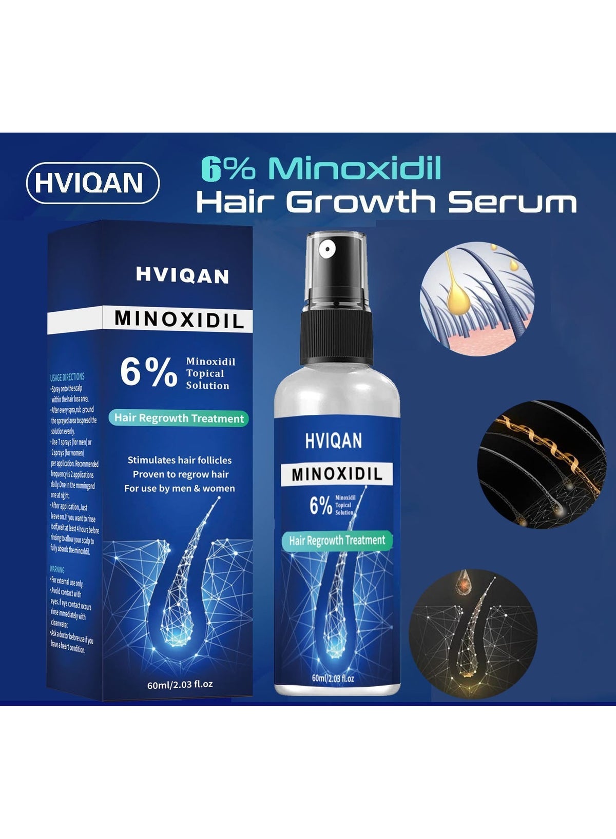 Hviqan 6% Minoxidil Hair Growth Spray For Men and Women，Hair Regrowth ...