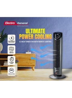 Electro General Tower Fan with 3 Speed Settings, 45W 80° Oscillation, Digital Display, Quiet ...