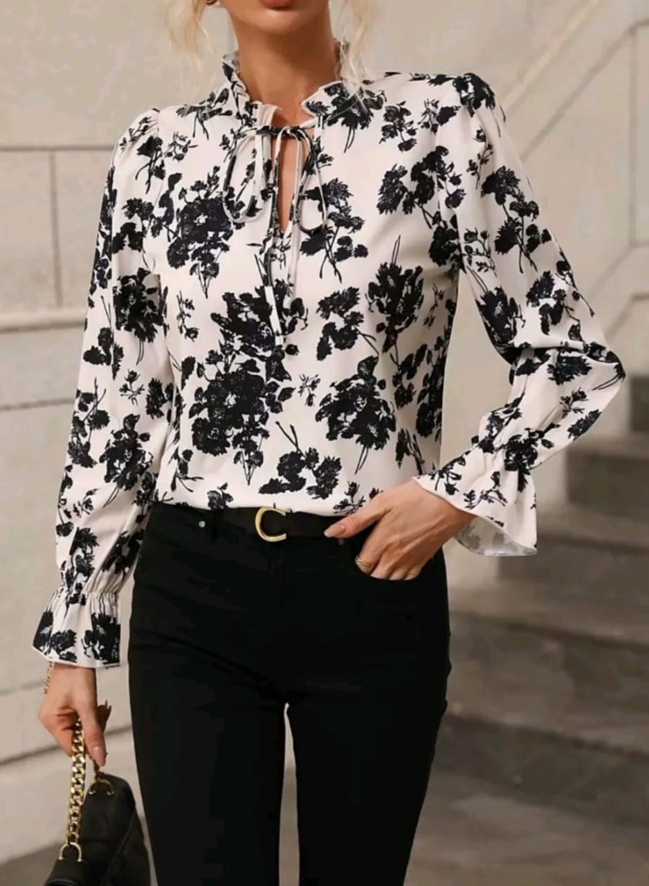 Shein SHEIN Clasi Floral Print Tie Neck Flounce Sleeve Blouse | Best Price Egypt | Cairo, Giza