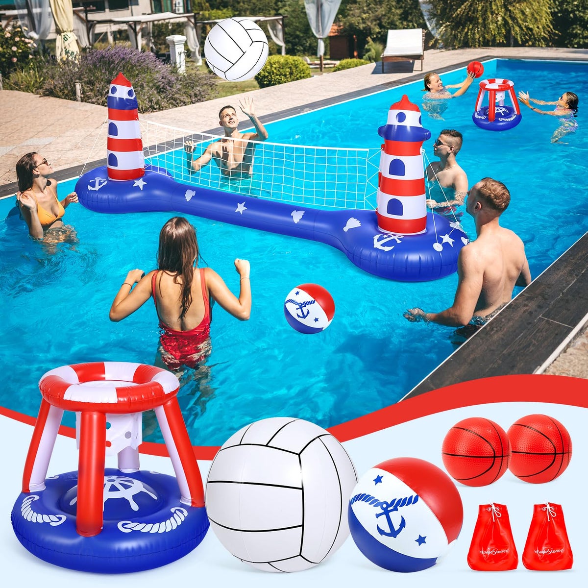EagleStone EagleStone Pool Volleyball Net &Basketball Hoop Inflatable ...