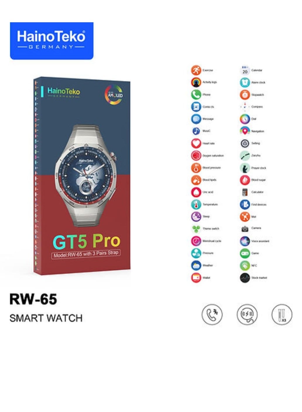 Haino Teko Smart Watch GT5 Pro Round Screen AMOLED Display with 3 Pair ...