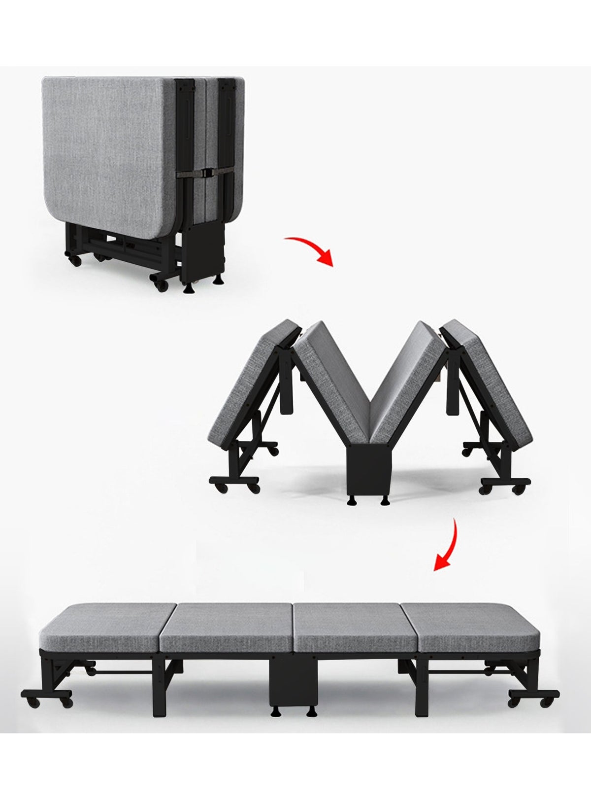 Generic Metal folding bed with 8 universal wheels, Four-fold design to ...