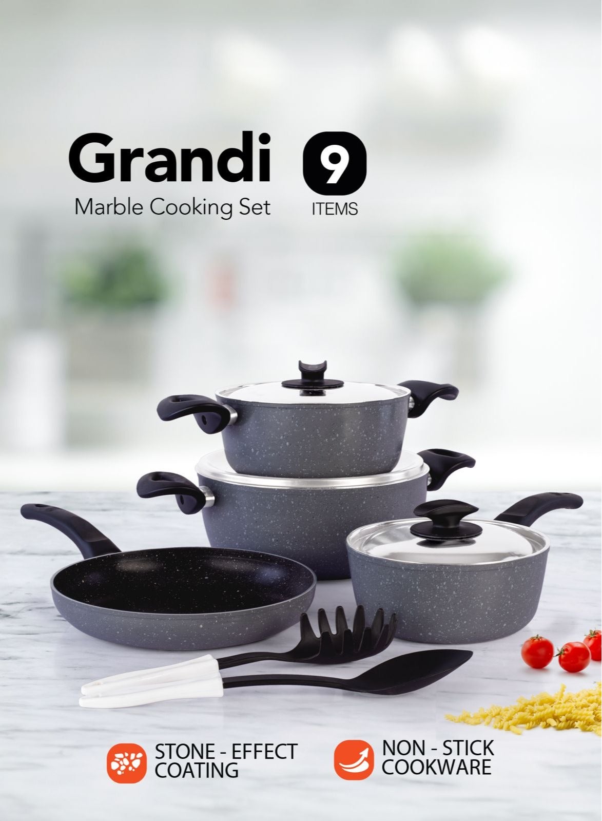 Grandi 9 Piece Non-Stick Cookware Set Aluminum Pots And Pans Non-Stick ...