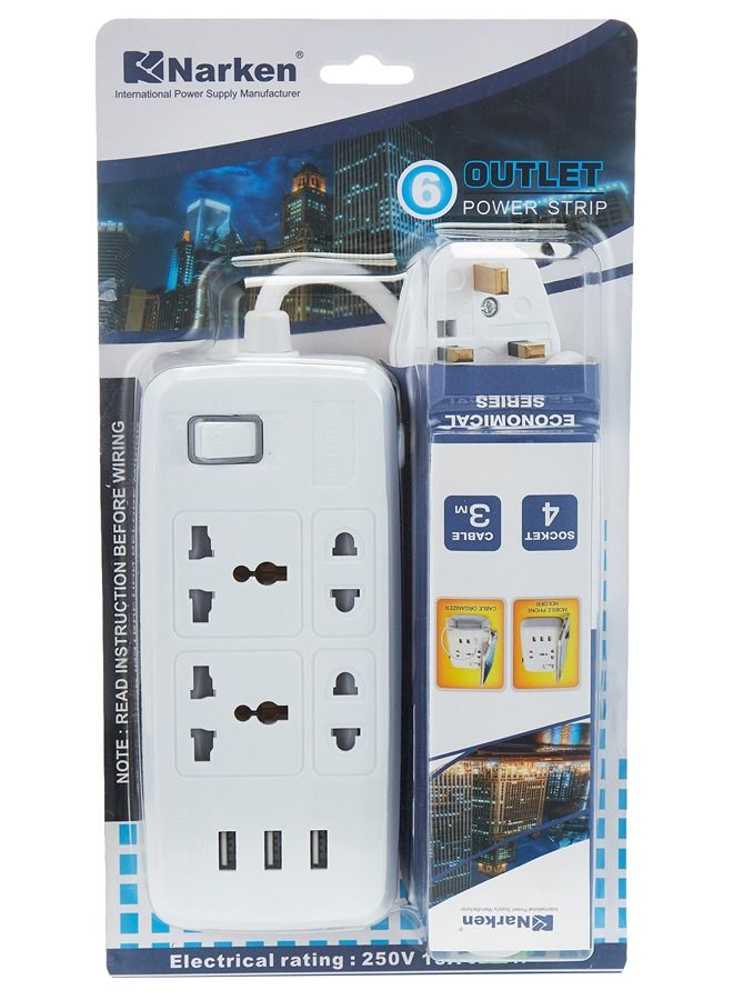 Narken Electric Universal Extension Cord 4 Socket and 3 USB Port 3 ...