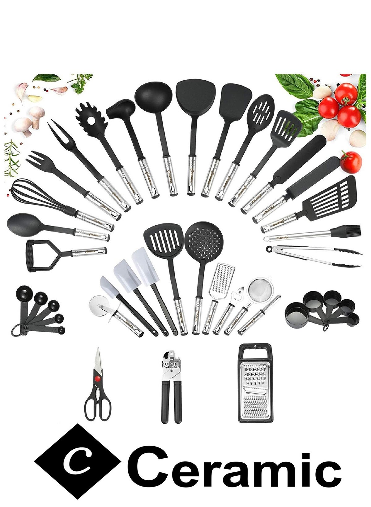 CERAMIC Cooking Utensils Set 40 Pcs Non stick Stainless Steel Handle ...