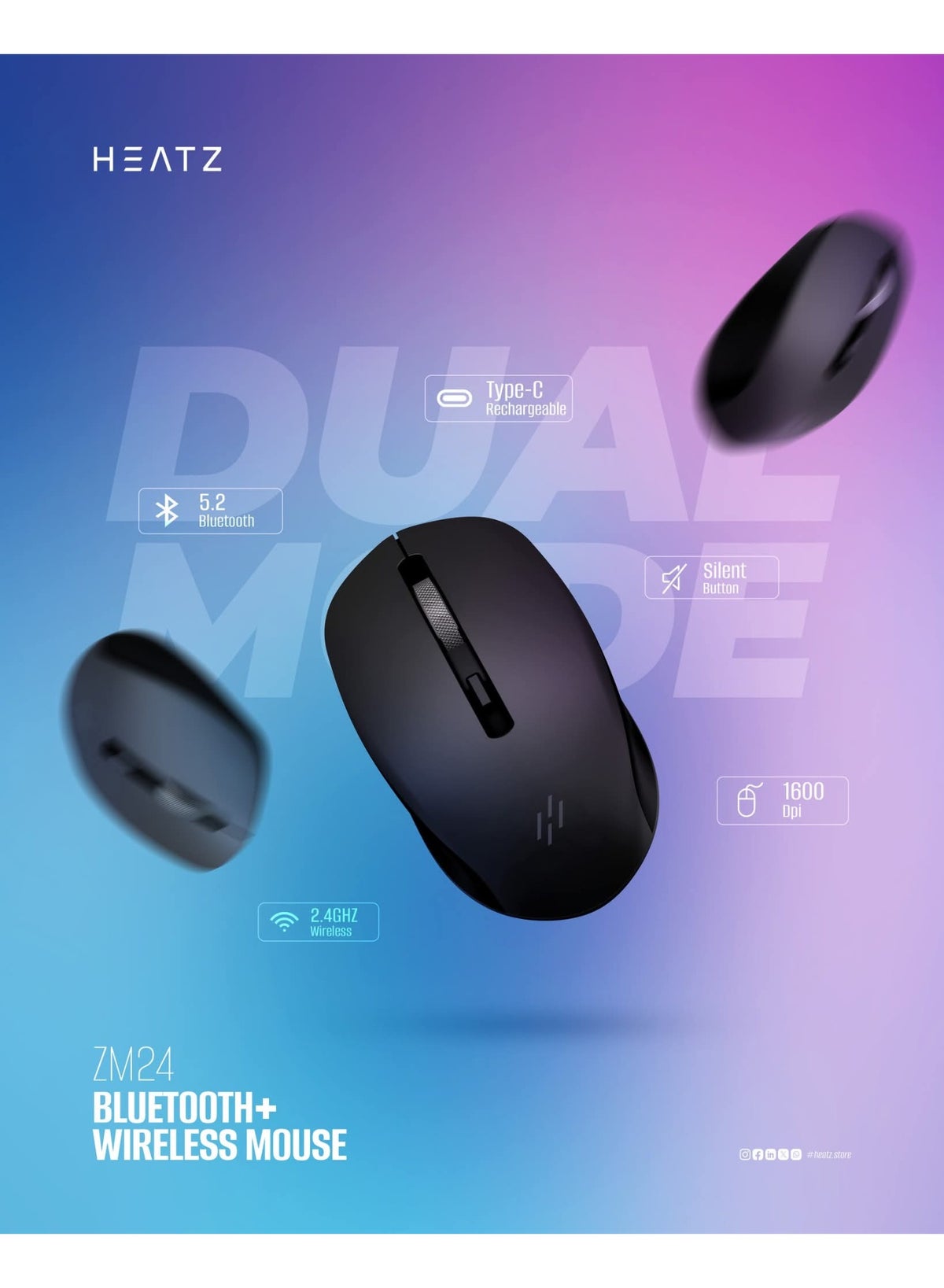 HEATZ Bluetooth Wireless Mouse, Dual Mode Silent Click, Type-C ...