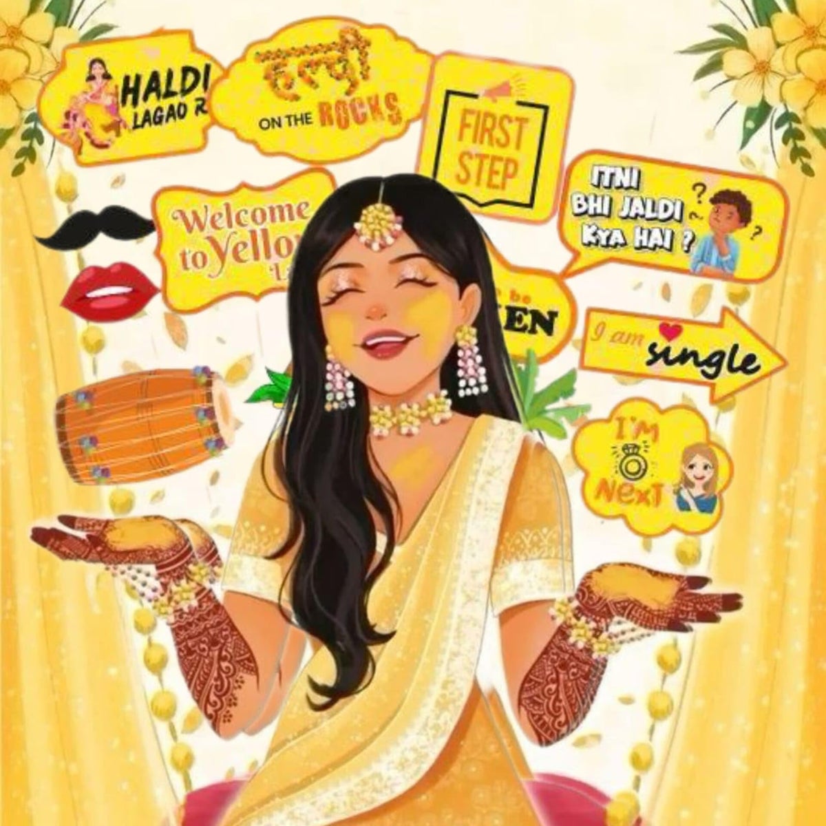 Generic Haldi Ceremony Photo Booth Props Set, 22 Pieces, Yellow Theme ...
