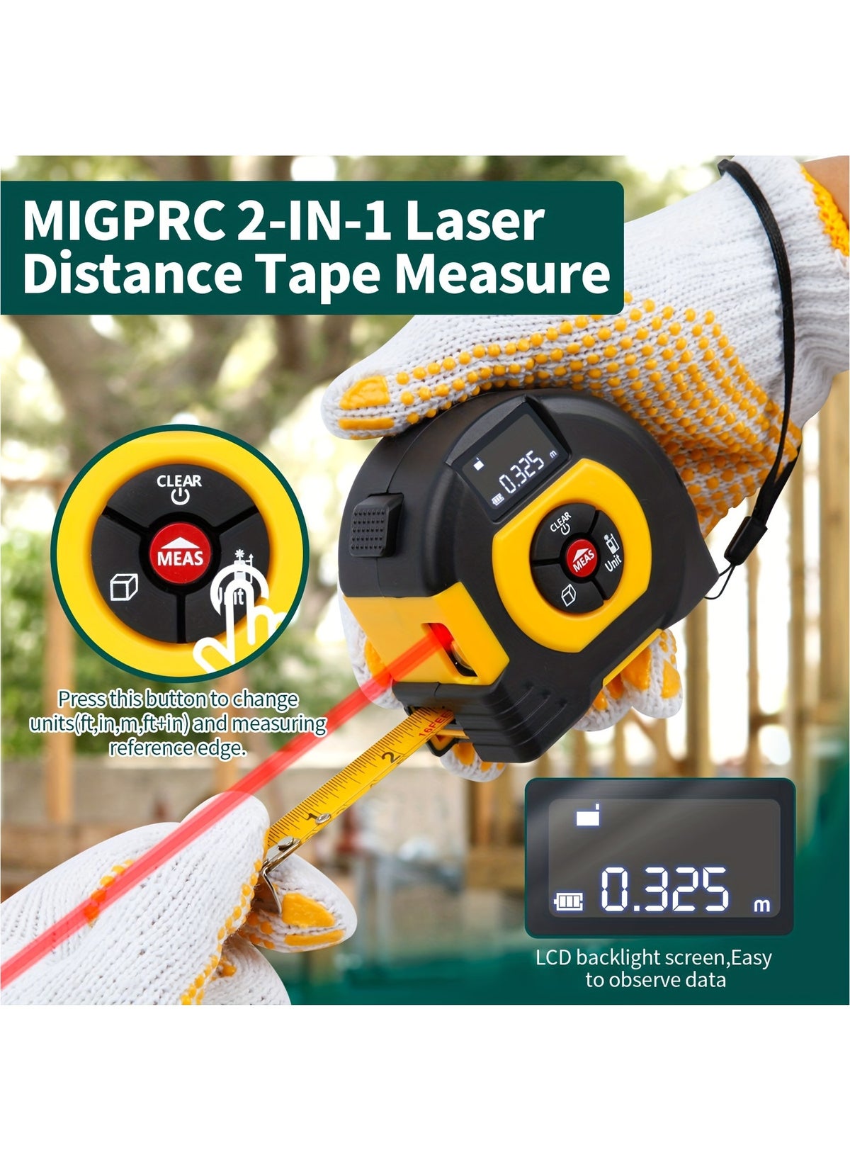 HongSheng 2 in 1 Laser Tape Measure, Digital Laser Distance Meters with ...