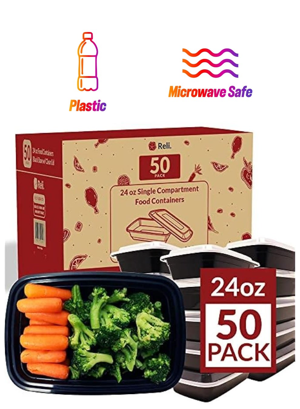 Arabest 50 Pack of 24 oz. Meal Prep Containers with Lids - 1 ...