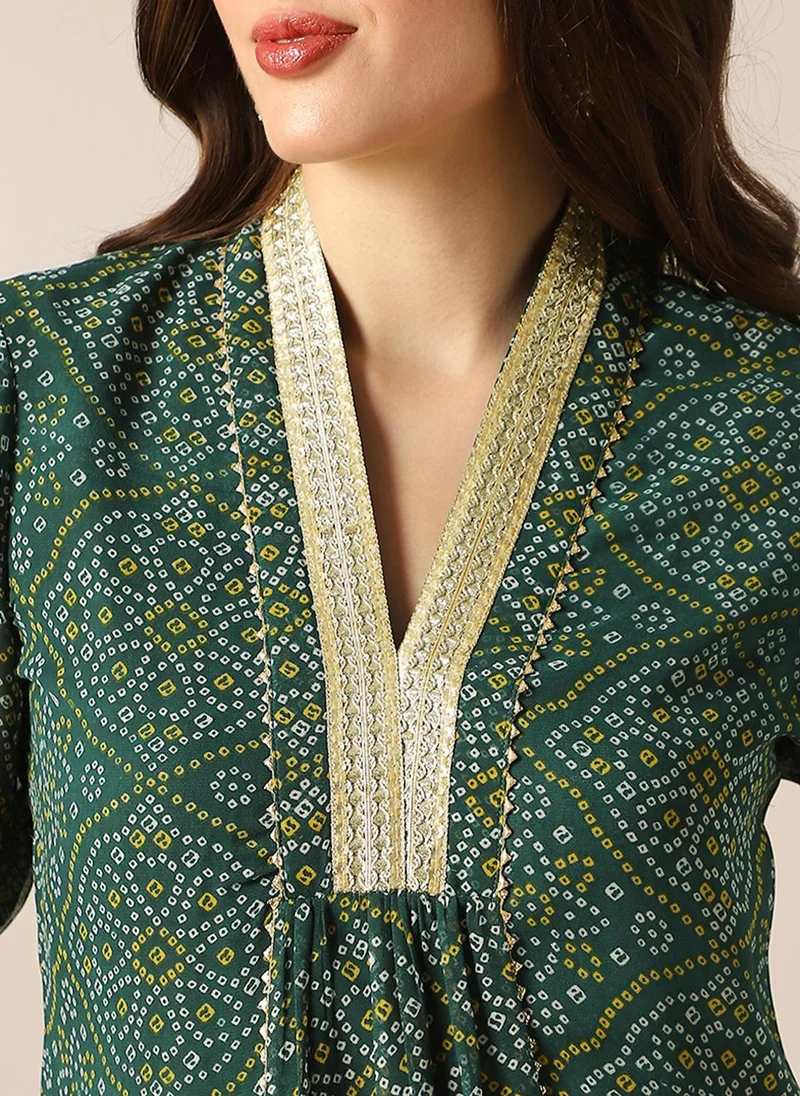 globus green Globus Women Green Zari Lace V-Neck Bandhani Print ...