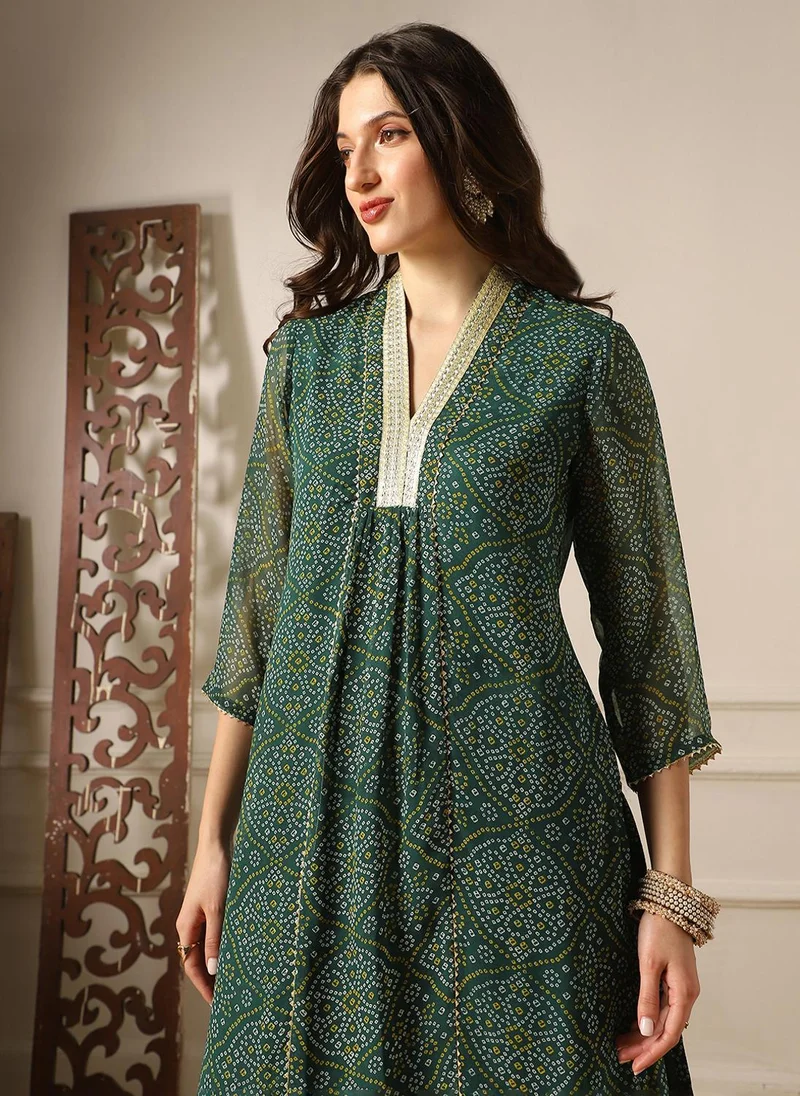 globus green Globus Women Green Zari Lace V-Neck Bandhani Print ...