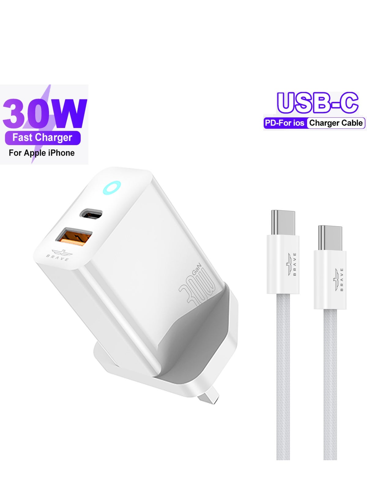 Brave 30W PD GaN Wall Charger with Dual USB-C & USB-A Ports + 60W USB-C ...