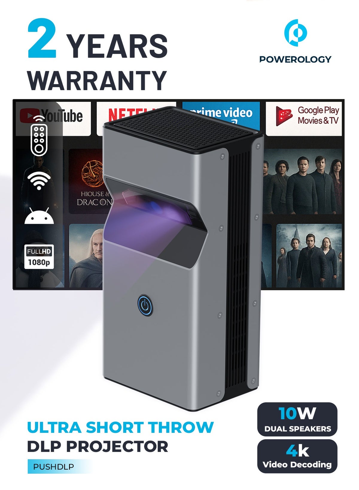 Powerology Ultra Short Throw DLP Projector with Remote and Dual Speaker ...