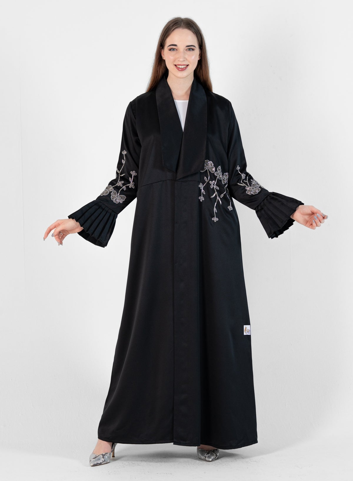 Rosette Abaya Abaya in Jacket look with Silver Embroidery | Best Price ...