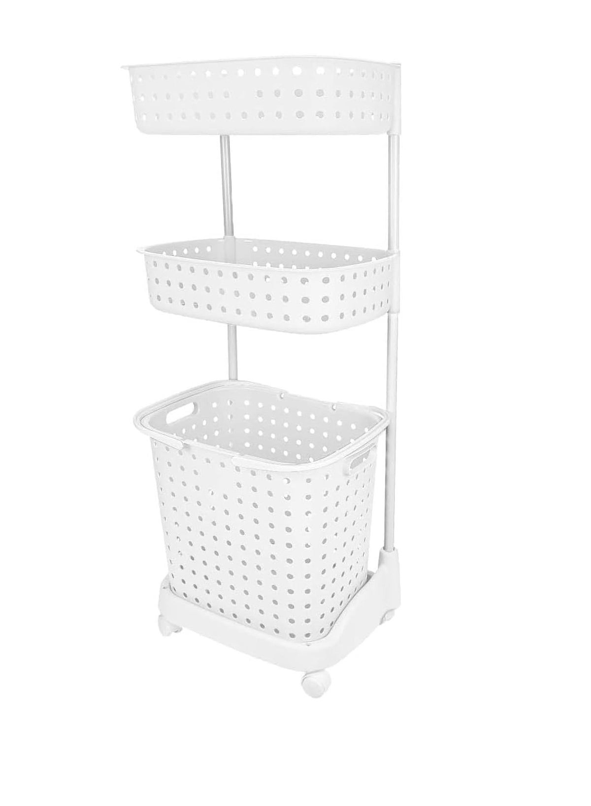 BLOOMING TIME 3 Layers Plastic Laundry Basket Rack With Wheels - White ...